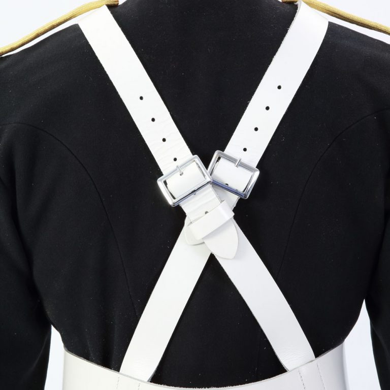 White Leather Bass Drummers Harness - The Marching Band Shop