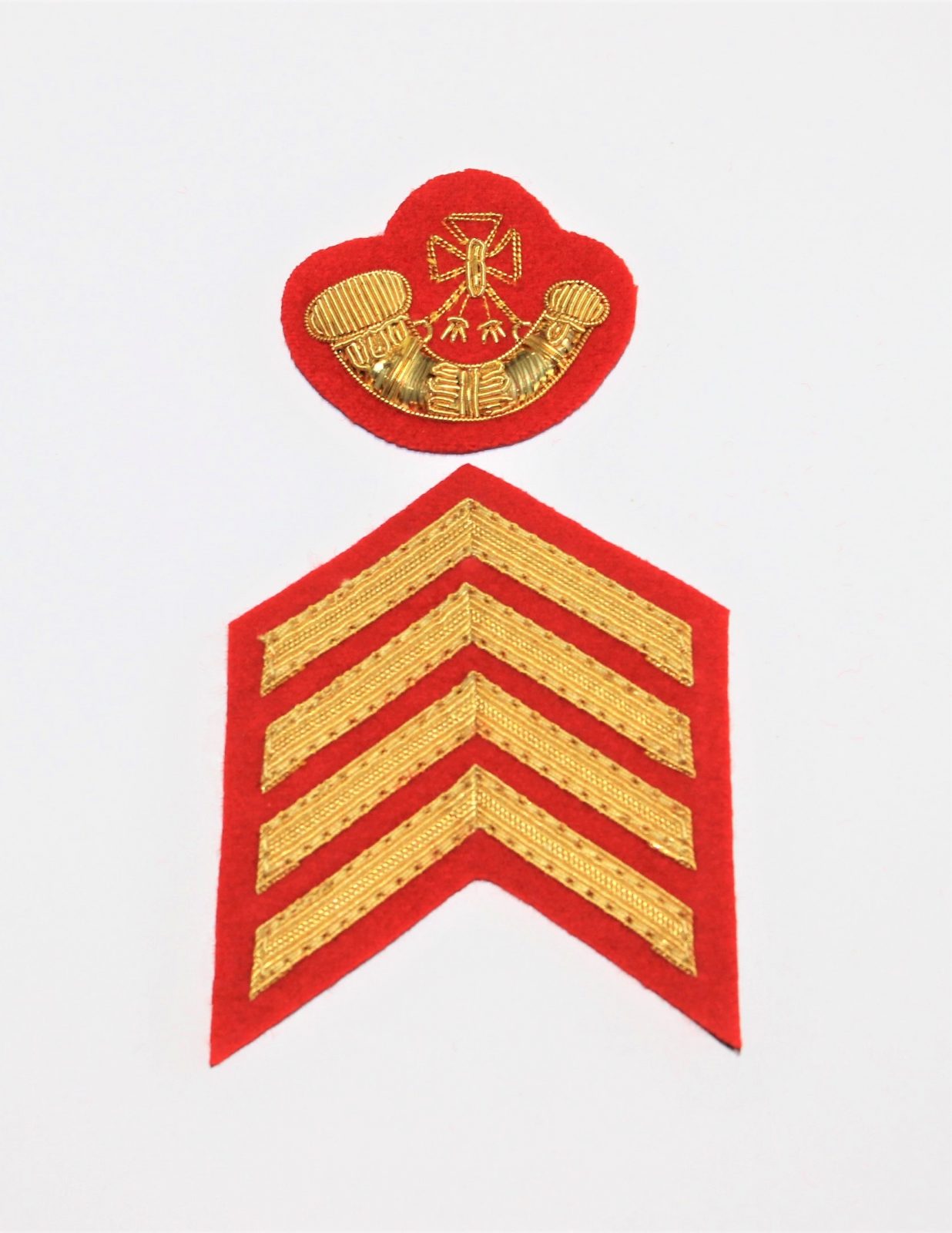Gold on Red, 'Mess Dress' Bugle Badge - The Marching Band Shop